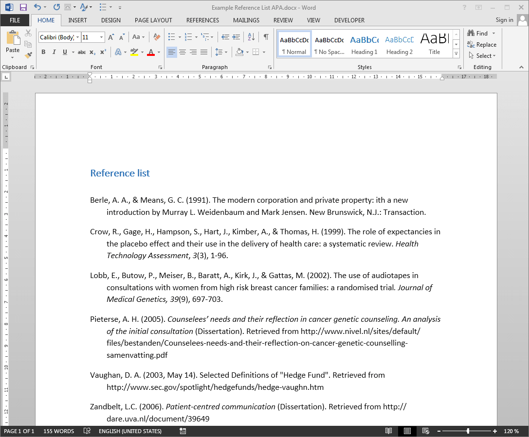 Reference List According To The APA Rules
